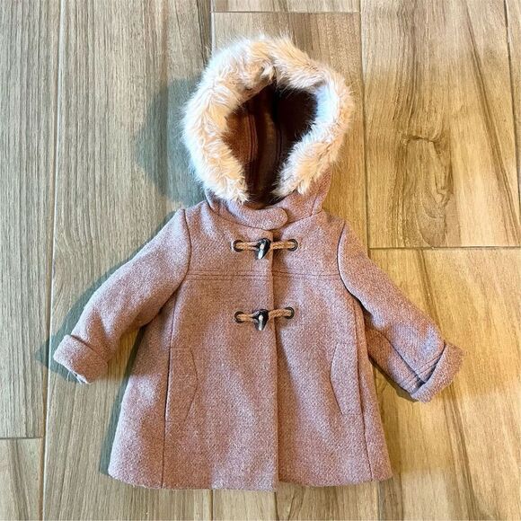 Zara | Jackets & Coats | Zara Baby Girl Pink Duffle Coat Faux Fur Hood ...